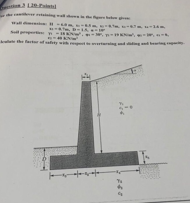 Answered: uestion 3 [20-Points or the cantilever retaining Answered: uestion 3 [20-Points or the cantilever retaining