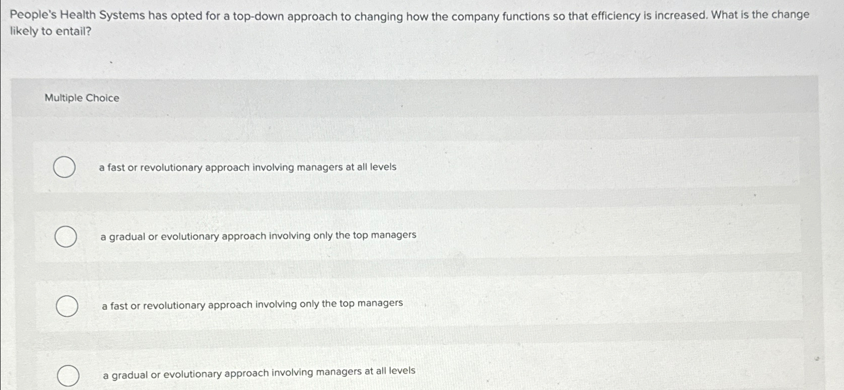 Solved People's Health Systems has opted for a top-down | Chegg.com