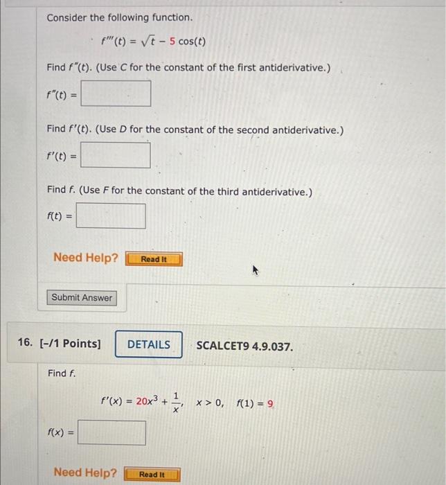 Solved Consider the following function. f′′′(t)=t−5cos(t) | Chegg.com