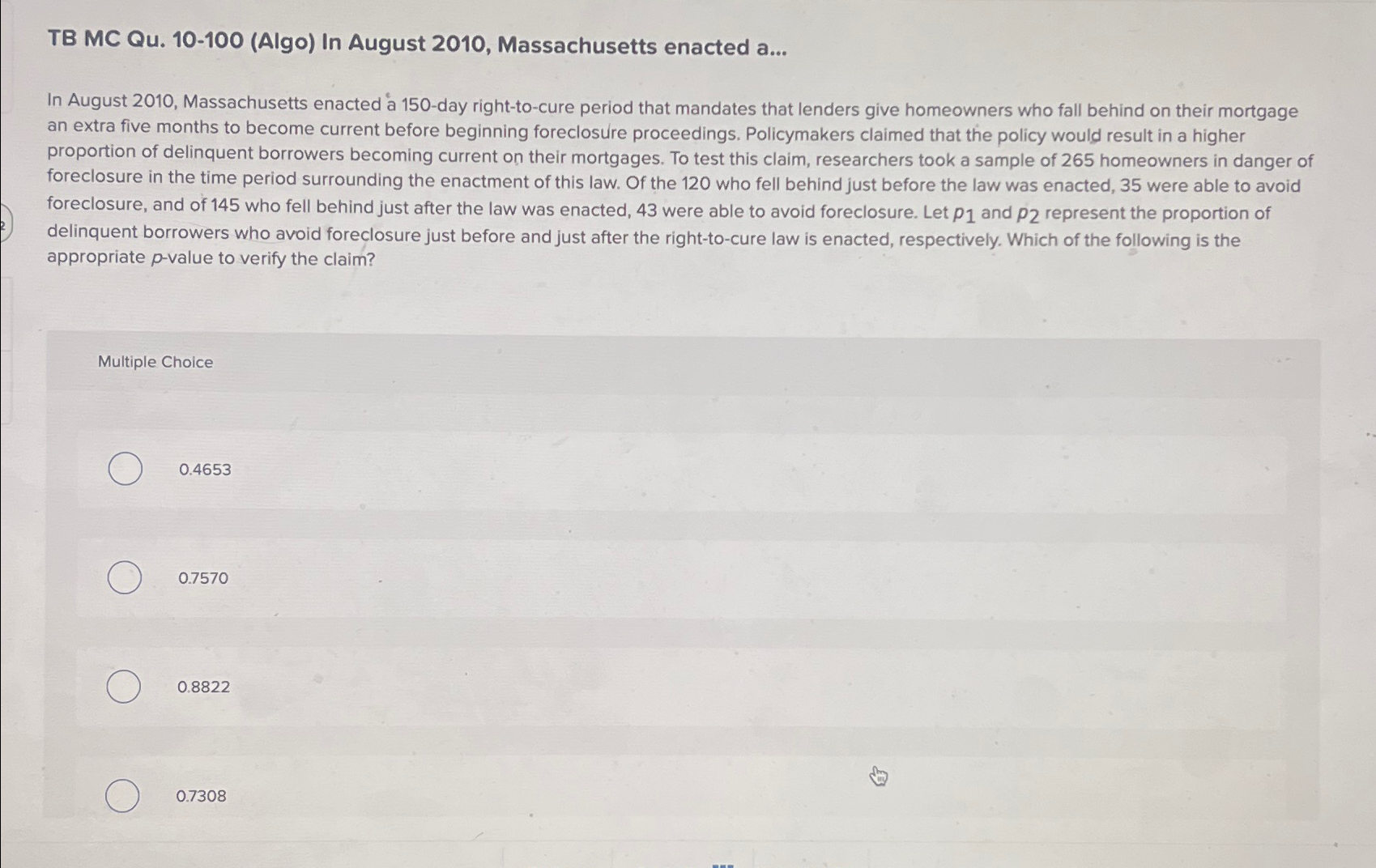 Solved TB MC Qu. 10-100 (Algo) ﻿In August 2010, | Chegg.com