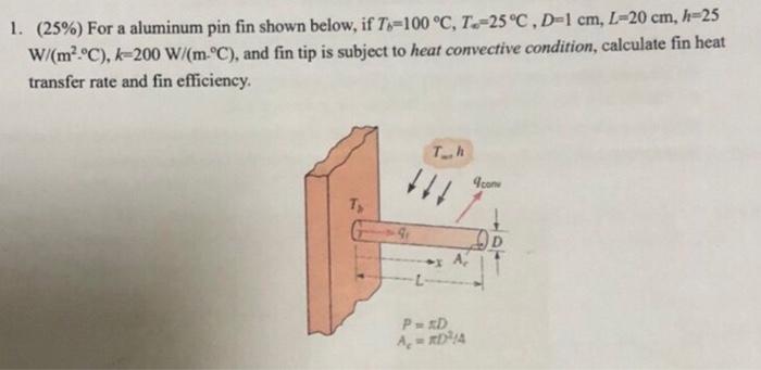 Solved 1. (25\%) For a aluminum pin fin shown below, if | Chegg.com