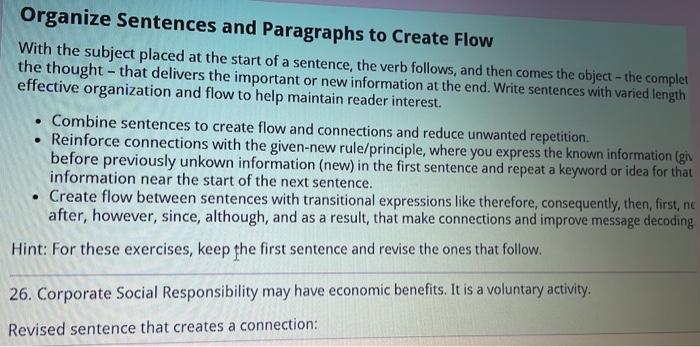 Solved Organize Sentences and Paragraphs to Create Flow With | Chegg.com