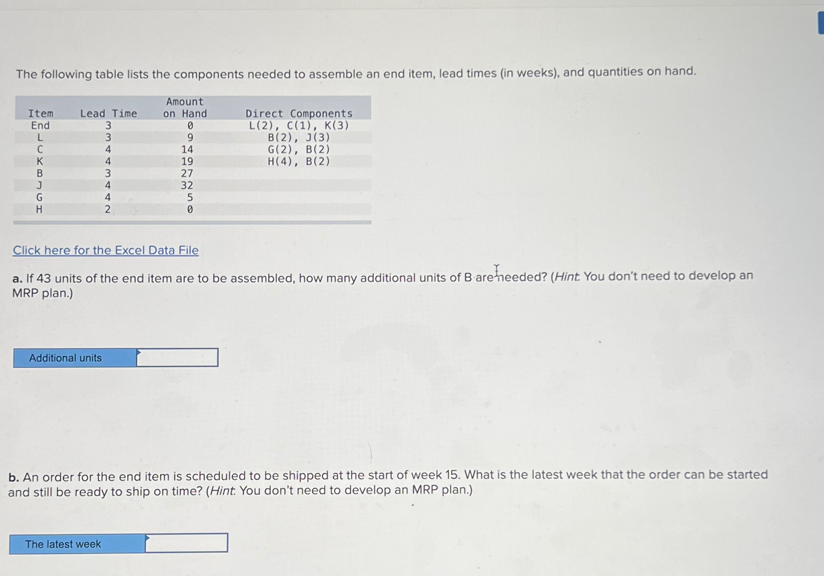 Solved The following table lists the components needed to | Chegg.com