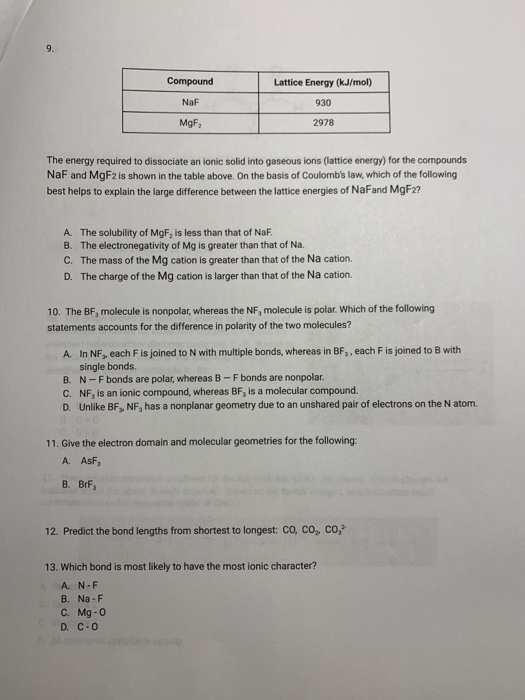 Solved 9. Compound Lattice Energy (kJ/mol) NaF 930 MgF 2978 | Chegg.com