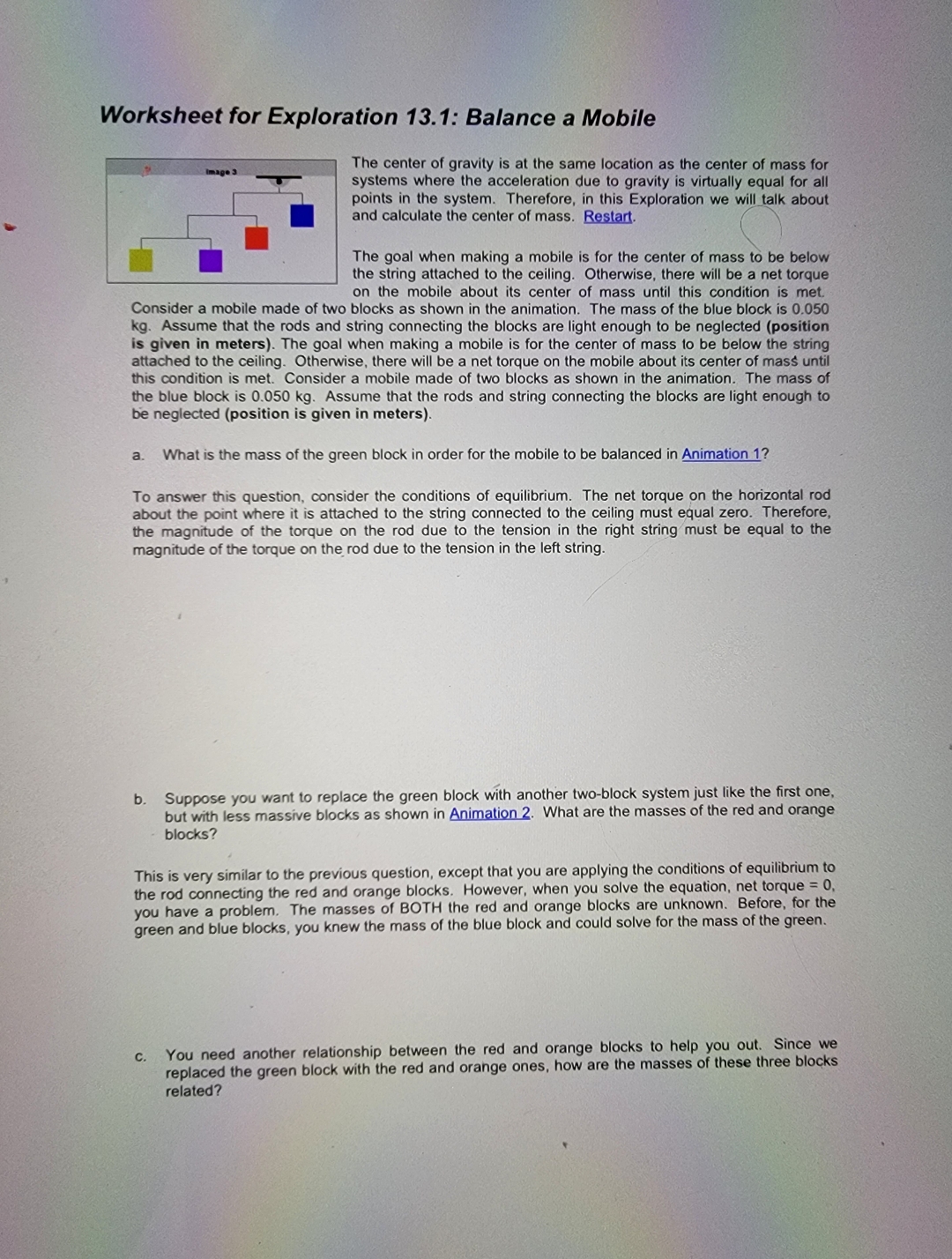 Worksheet for Exploration 13.1: Balance a MobileThe | Chegg.com