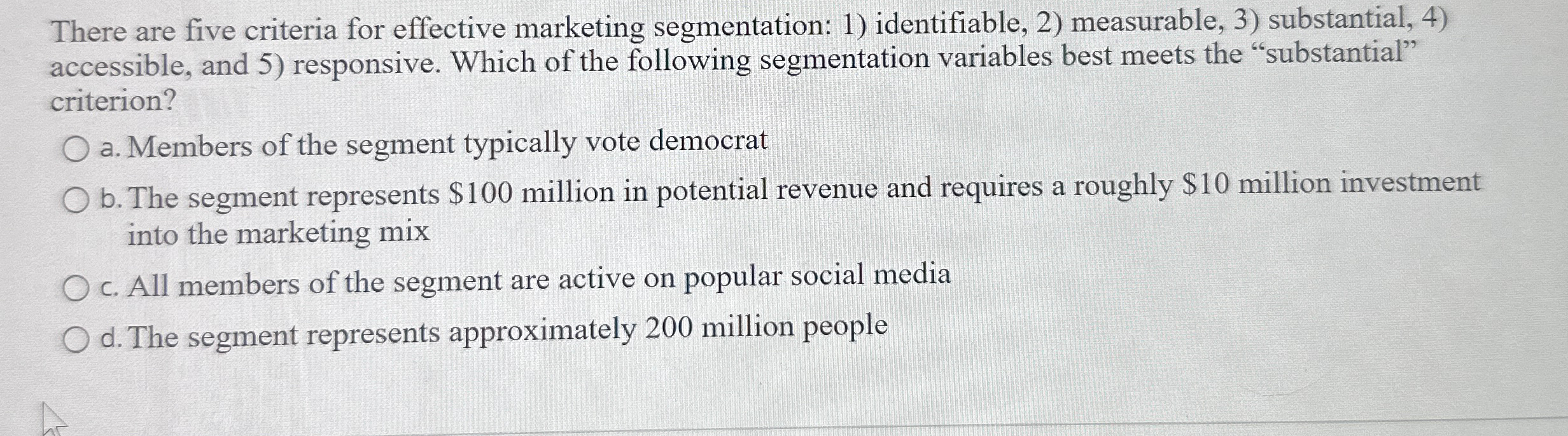 Solved There are five criteria for effective marketing | Chegg.com