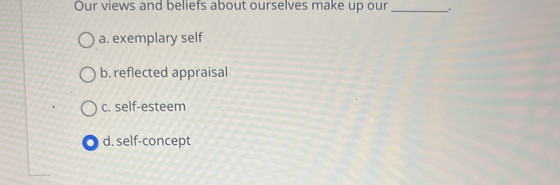 Solved Our views and beliefs about ourselves make up oura. | Chegg.com