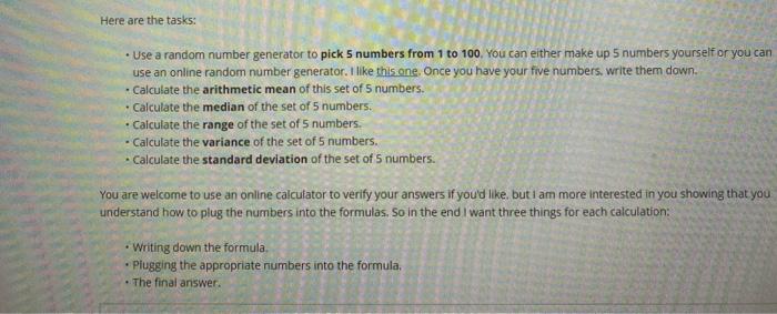 Solved Here are the tasks: • Use a random number generator | Chegg.com