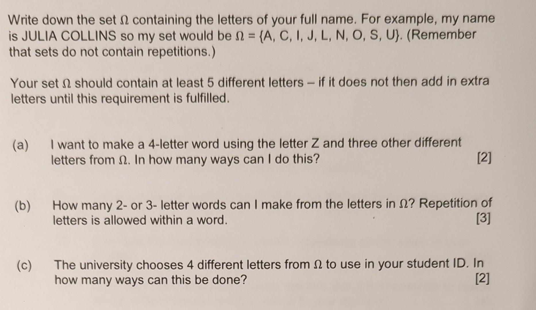 Solved Write down the set Ω containing the letters of your | Chegg.com