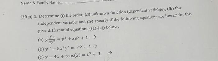 Solved 30 p] 1. Determine ( i ) the order, (ii) unknown | Chegg.com