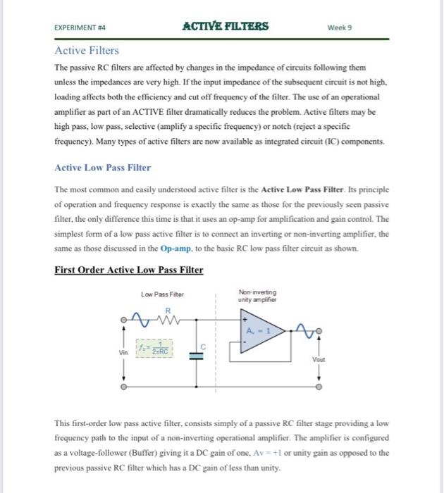 Solved EXPERIMENT #4 ACTIVE FILTERS Week 9 Active Filters | Chegg.com