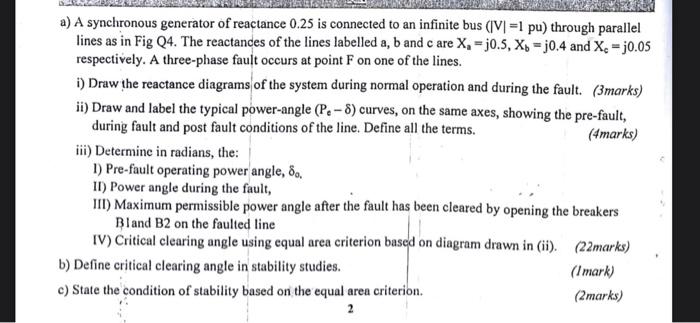 Solved a) A synchronous generator of reactance 0.25 is | Chegg.com
