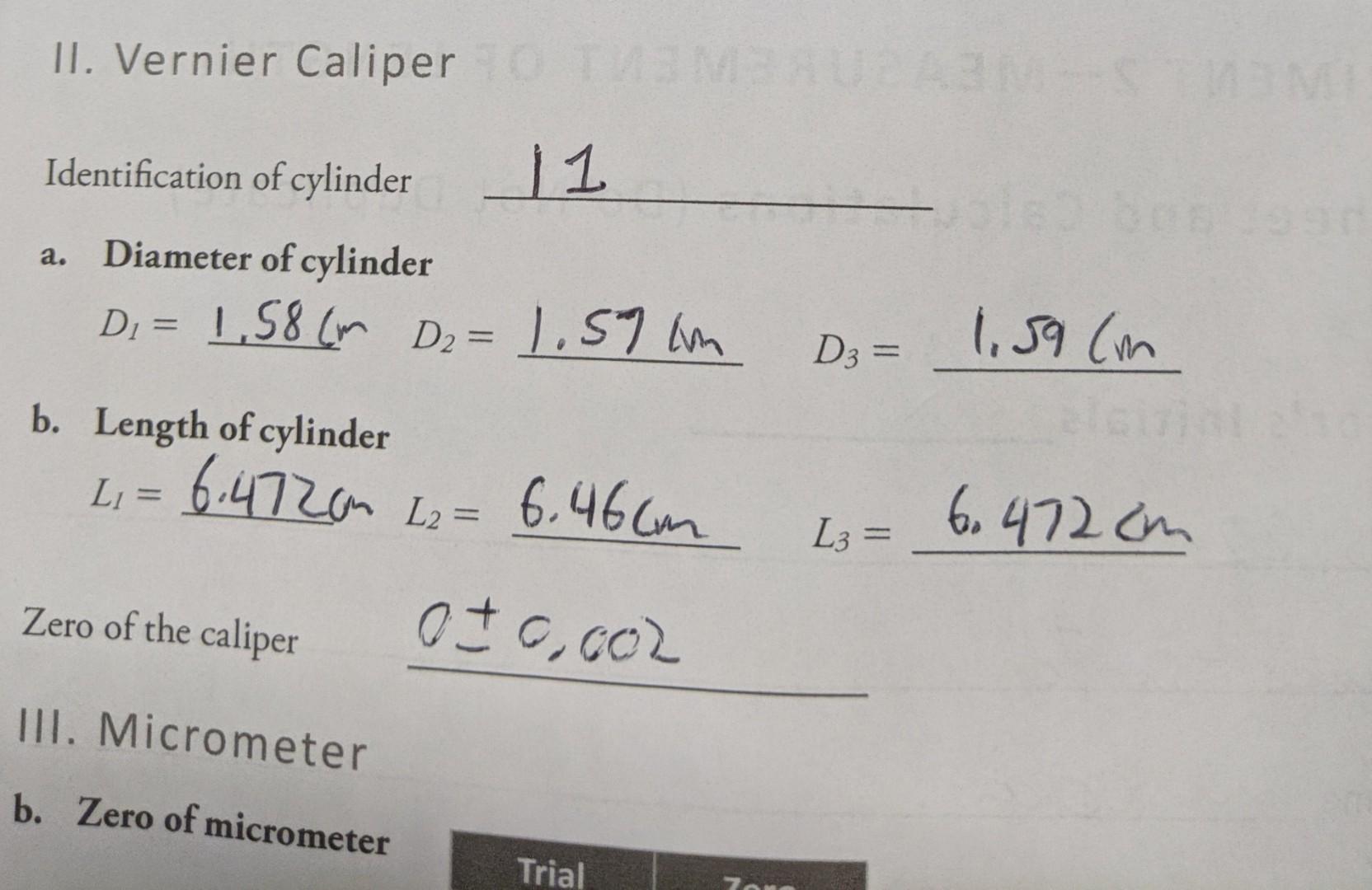 Solved II. Vernier Caliper Identification of cylinder a. | Chegg.com