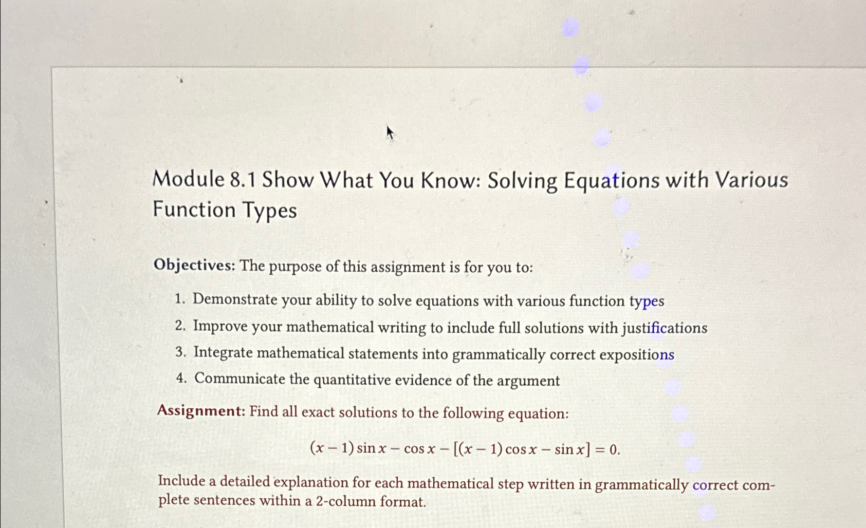 Solved Module 8.1 ﻿Show What You Know: Solving Equations | Chegg.com