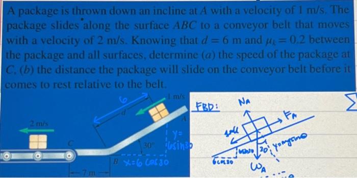 Solved A package is thrown down an incline at A with a | Chegg.com