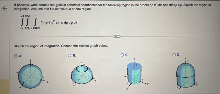 Solved If possible, write iterated integrals in spherical | Chegg.com