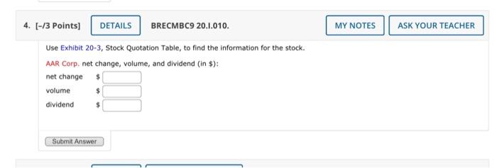 Solved Use Exhibit 20-3, Stock Quotation Table, to find the | Chegg.com
