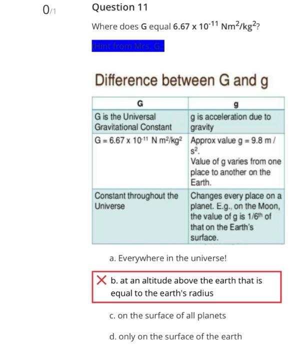 Solved Question 11 Where does G equal 6.67×10−11Nm2/kg2 ? | Chegg.com