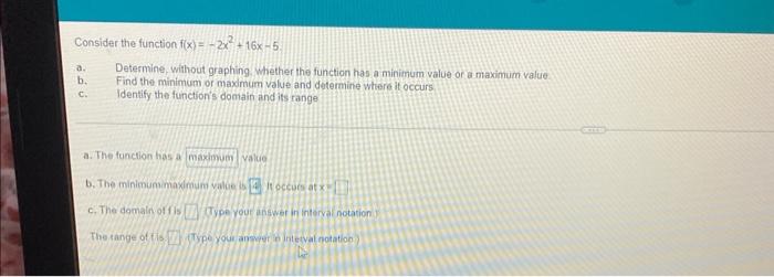 Solved Consider the function f(x)= -2x+16x-5. Determine, | Chegg.com