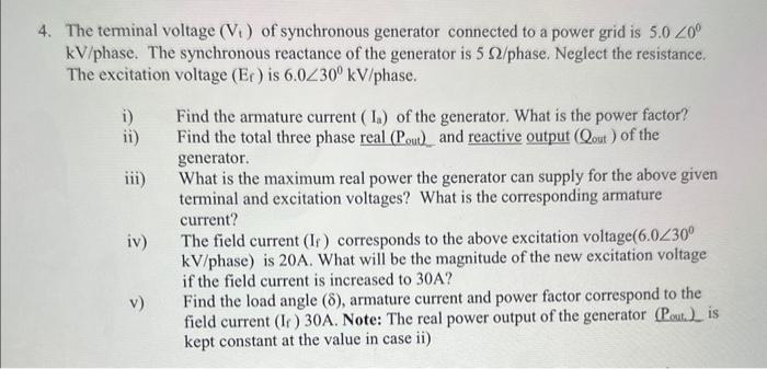 Solved The terminal voltage (Vt) of synchronous generator | Chegg.com