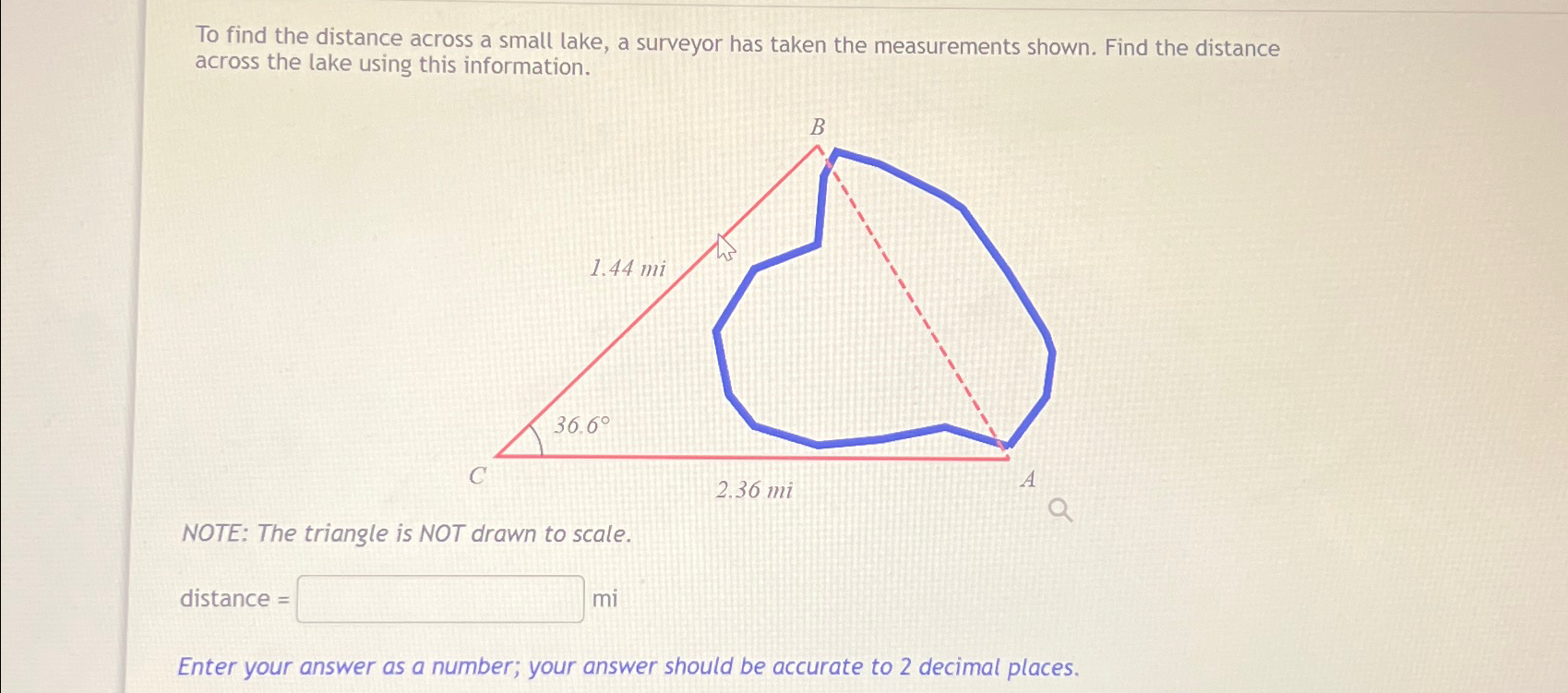 Solved To find the distance across a small lake, a surveyor | Chegg.com