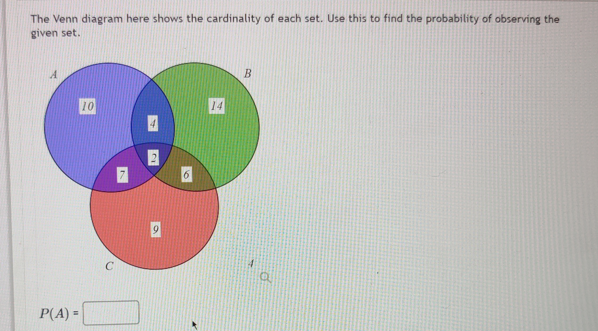 Solved The Venn diagram here shows the cardinality of each | Chegg.com