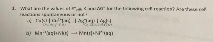 Solved 1. What are the values of Ecell, K and AGº for the | Chegg.com