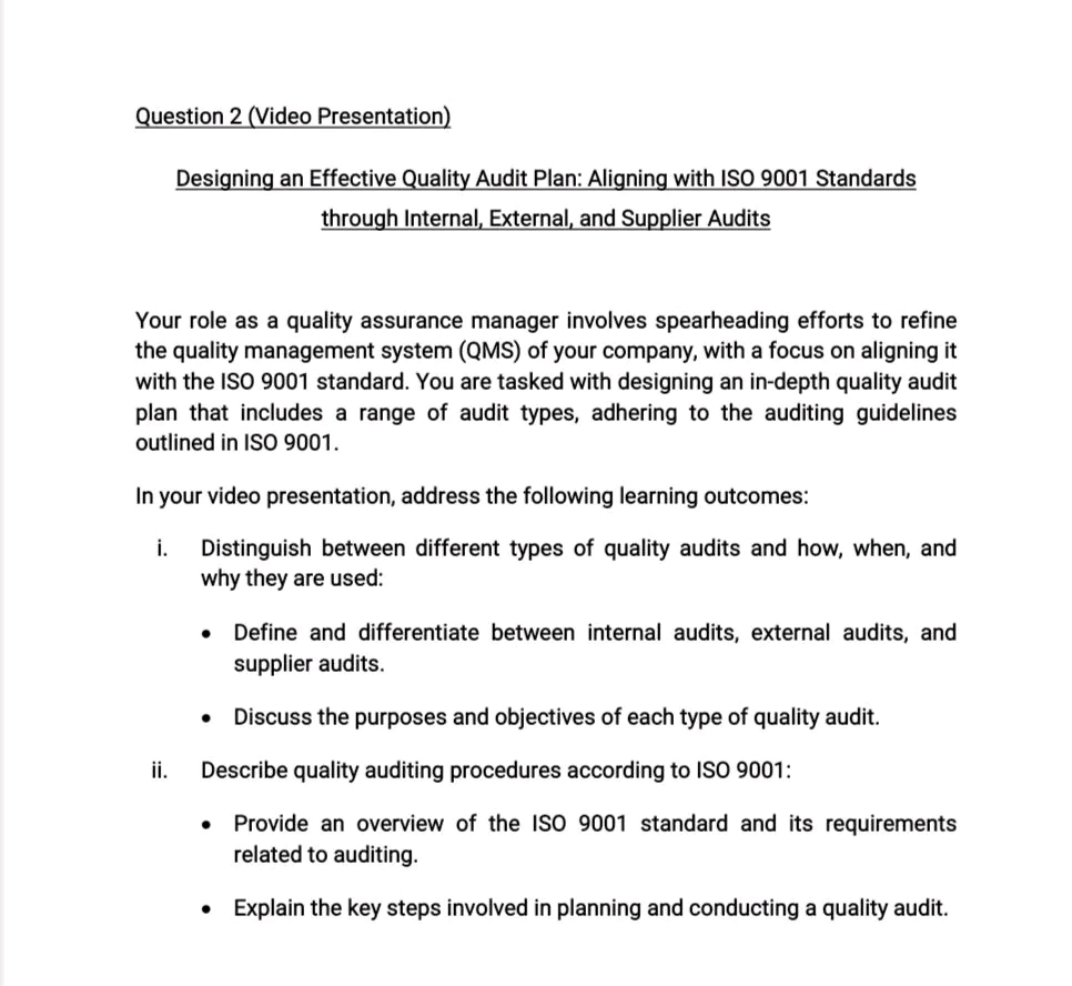 Solved Designing an Effective Quality Audit Plan: Aligning | Chegg.com