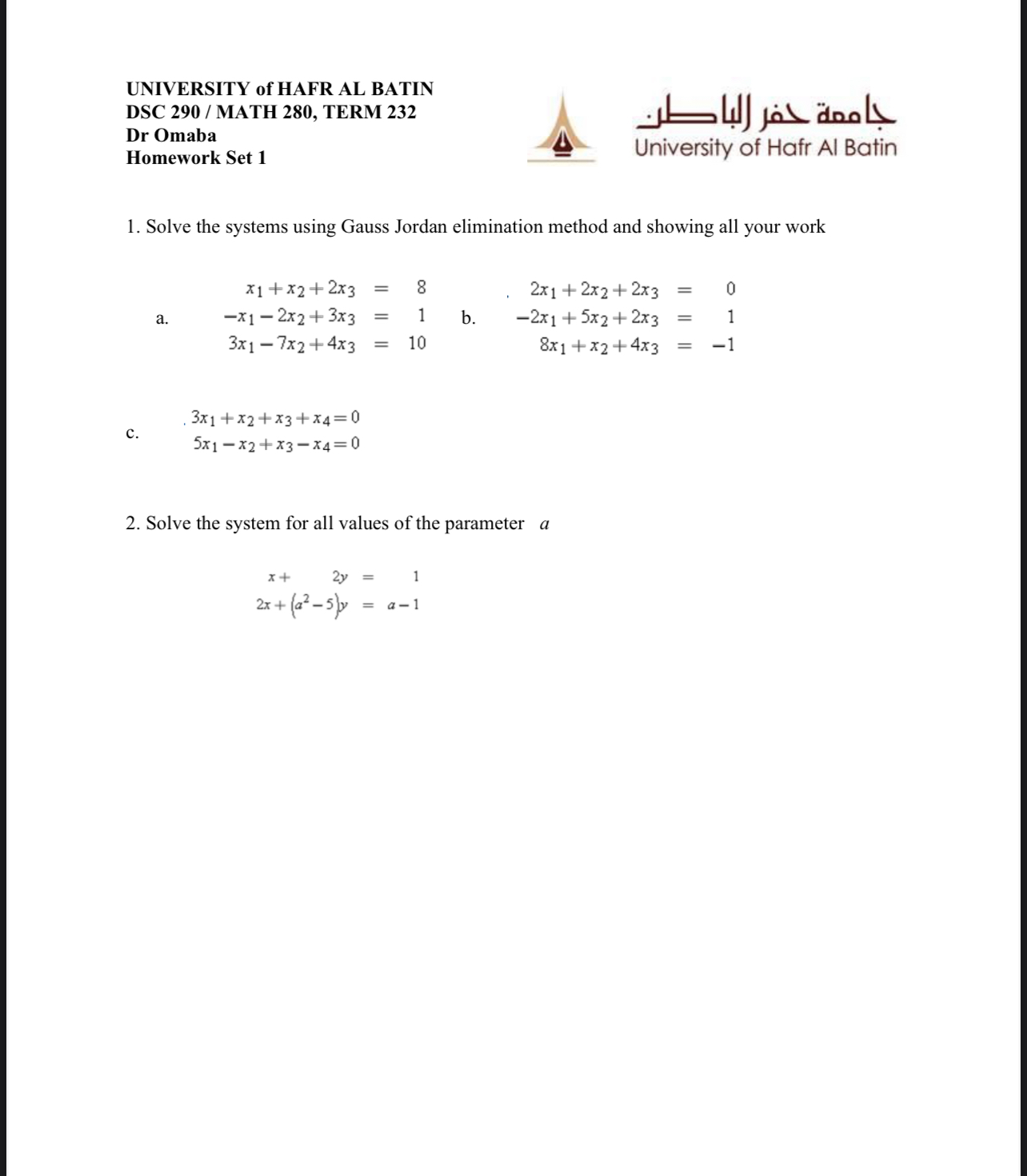 Solved UNIVERSITY of HAFR AL BATINDSC 290 / ﻿MATH 280, ﻿TERM | Chegg.com