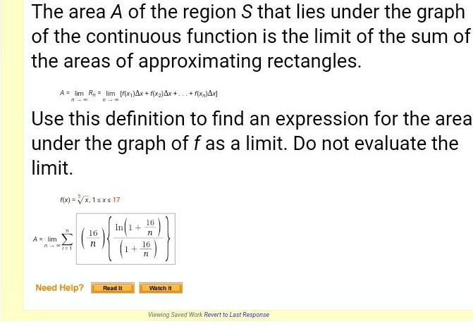 Solved The area A of the region S that lies under the graph | Chegg.com