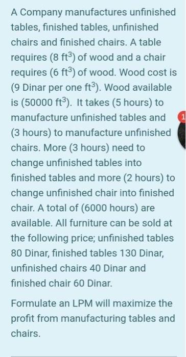Solved A Company manufactures unfinished tables, finished | Chegg.com
