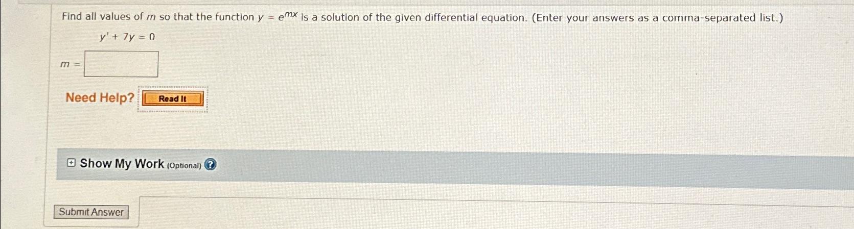 Solved Find all values of m ﻿so that the function y=emx ﻿is | Chegg.com
