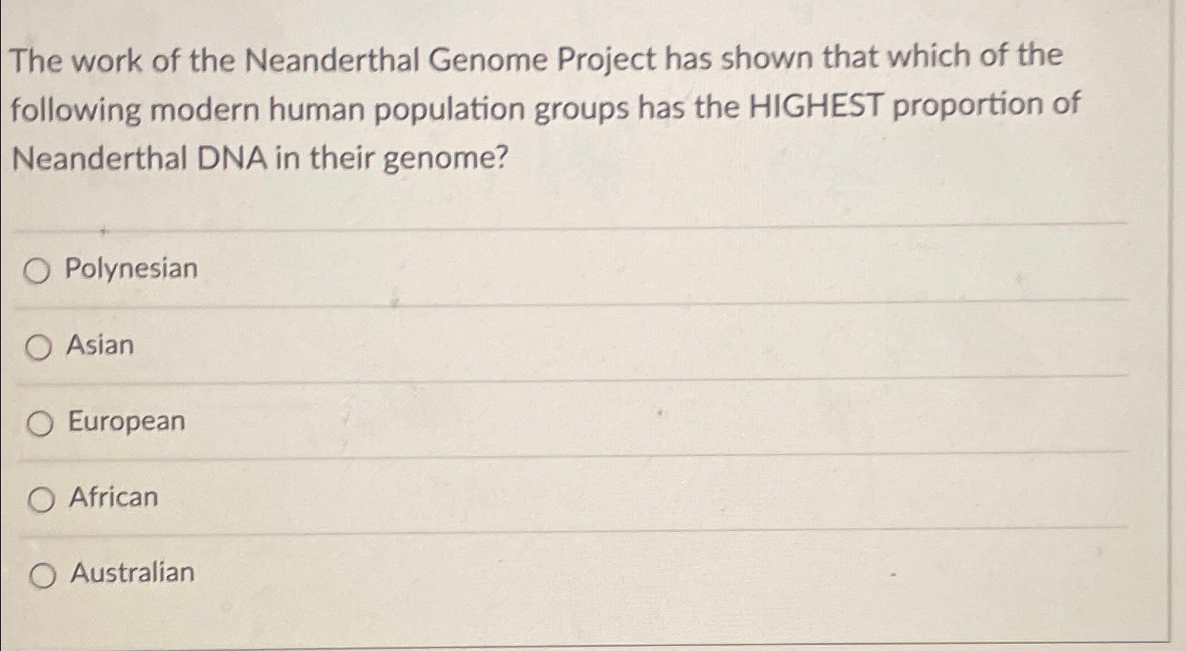 Solved The work of the Neanderthal Genome Project has shown | Chegg.com