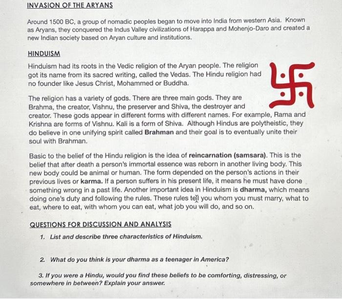 INVASION OF THE ARYANS Around 1500 BC, a group of | Chegg.com