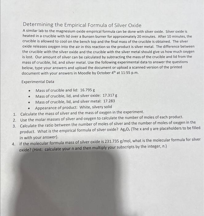 Solved Determining the Empirical Formula of Silver Oxide A | Chegg.com