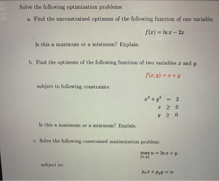 Solved Solve the following optimization problems: a. Find | Chegg.com
