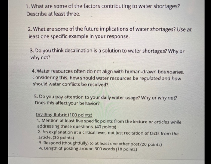 Solved 1. What are some of the factors contributing to water | Chegg.com