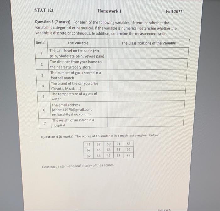 Solved Question 3 ( 7 marks). For each of the following | Chegg.com