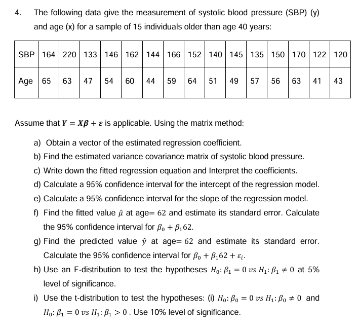 Solved The following data give the measurement of systolic | Chegg.com