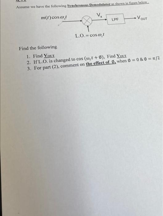 Solved Assume we have the following Synchronous Demodulaton | Chegg.com