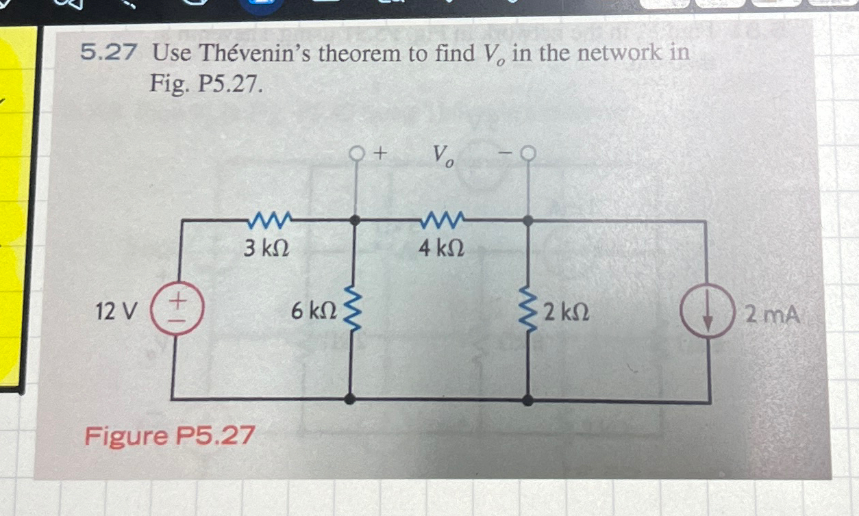 Solved 5.27 ﻿Use Thévenin's theorem to find Vo ﻿in the | Chegg.com