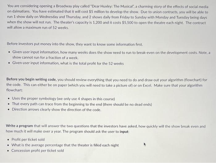Solved You are considering opening a Broadway play called | Chegg.com