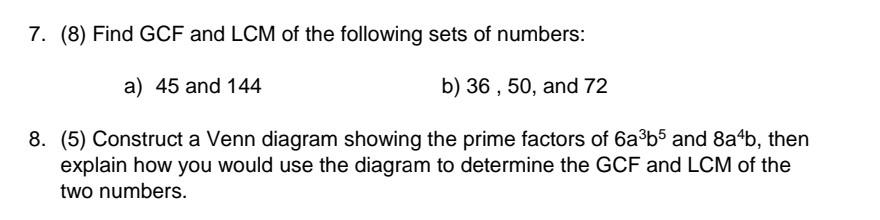 Solved 7. (8) Find GCF and LCM of the following sets of | Chegg.com