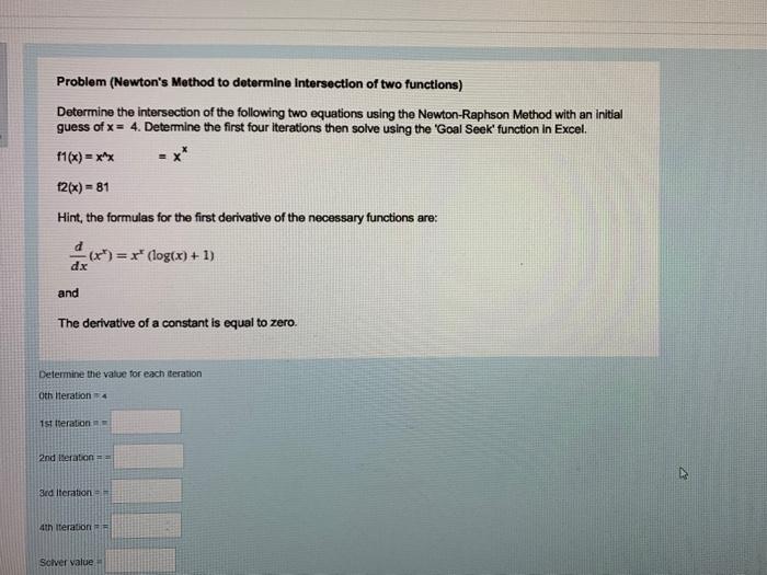 Solved Problem (Newton's Method to determine intersection of | Chegg.com