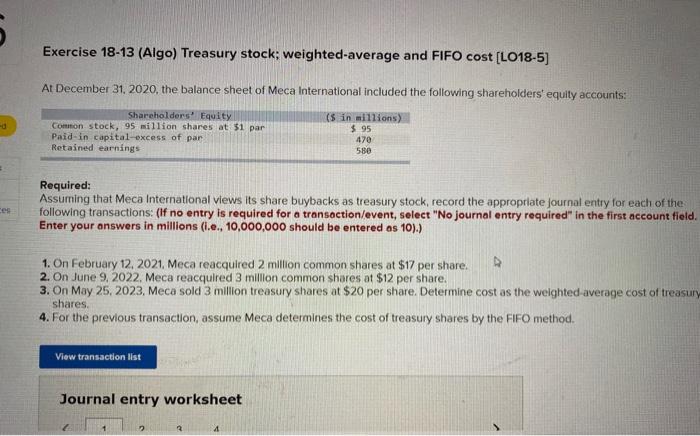 Solved 5 Exercise 18-13 (Algo) Treasury stock; | Chegg.com