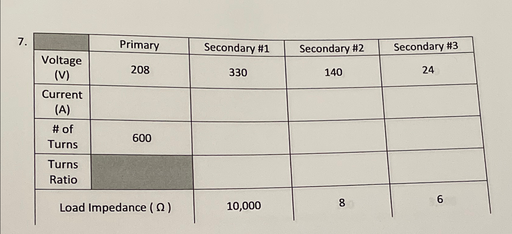 Solved \table[[\table[[Voltage],[(V)]],Primary,Secondary | Chegg.com