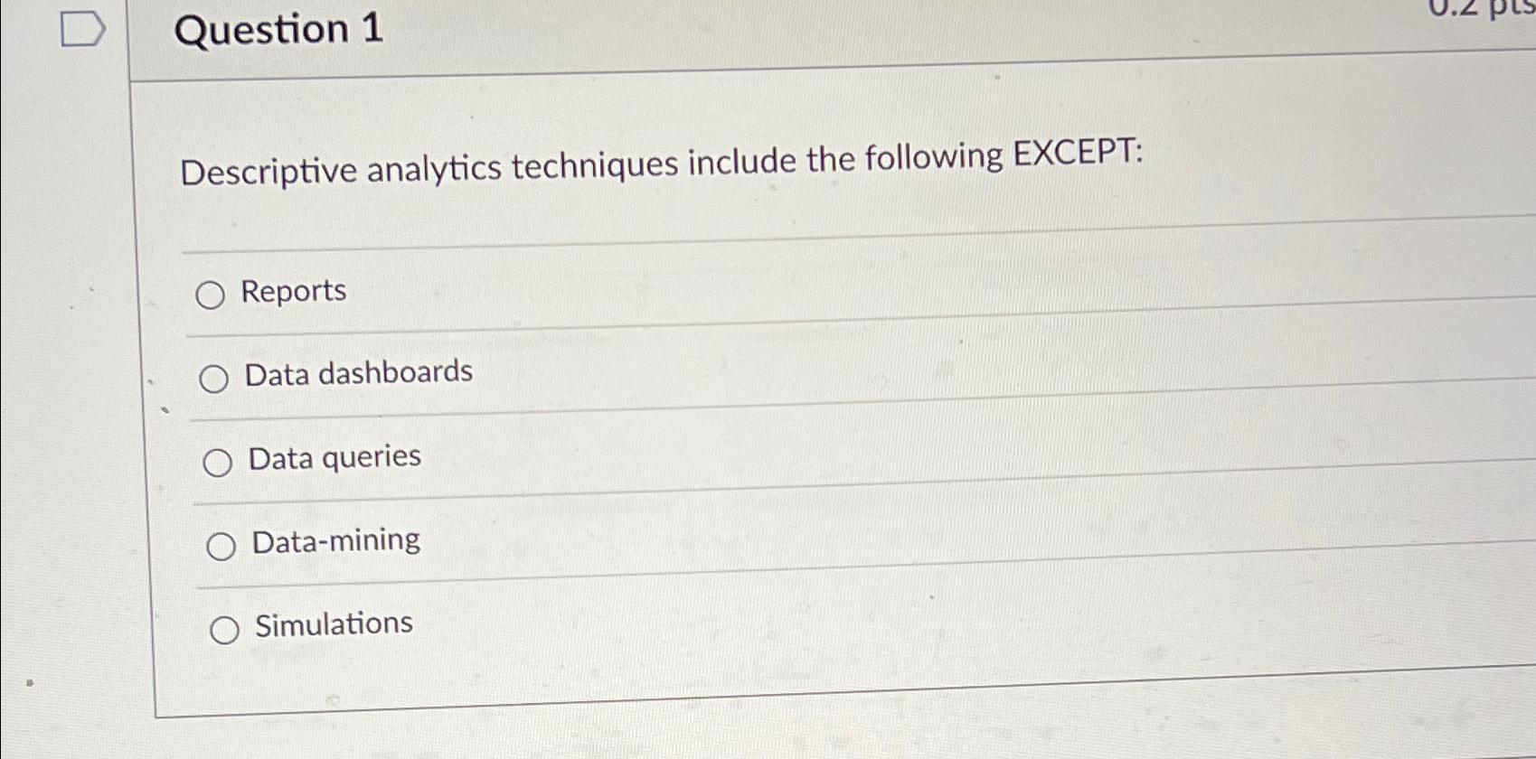 Solved Question 1Descriptive analytics techniques include | Chegg.com