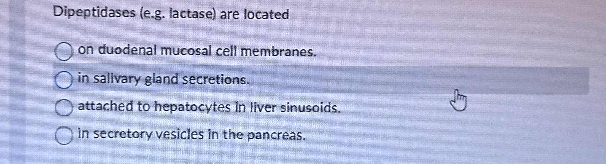 Solved Dipeptidases (e.g. ﻿lactase) ﻿are locatedon duodenal | Chegg.com