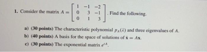 Solved 1. Consider the matrix A=⎣⎡100−131−2−13⎦⎤. Find the | Chegg.com