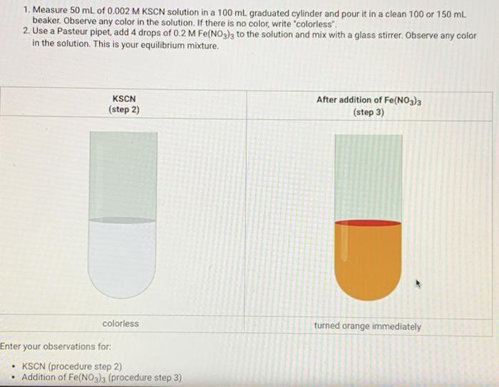 Solved 1. Measure 50 mL of 0.002 M KSCN solution in a 100 mL | Chegg.com